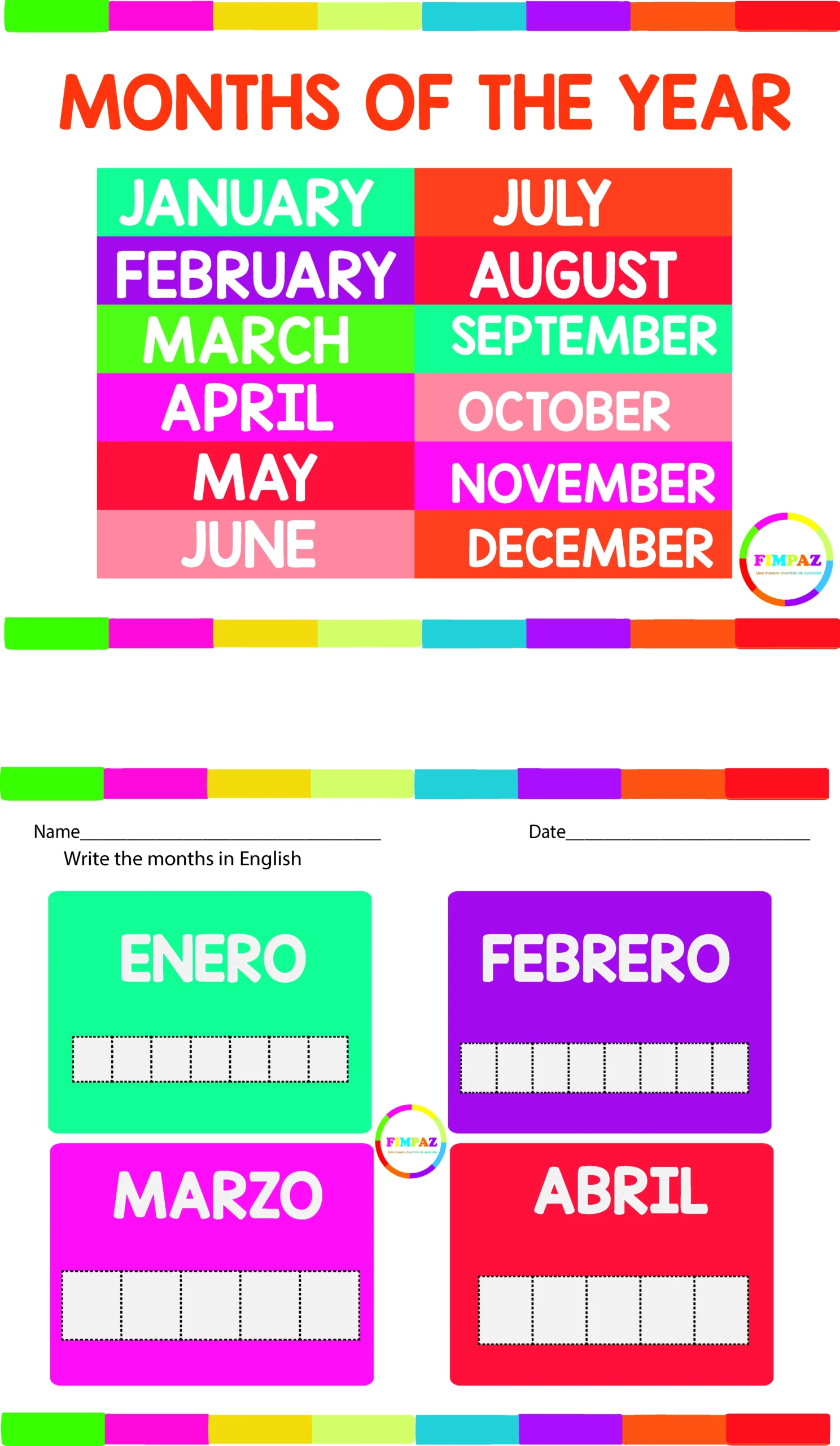 MESES DEL AÑO EN INGLÉS PARA IMPRIMIR PDF